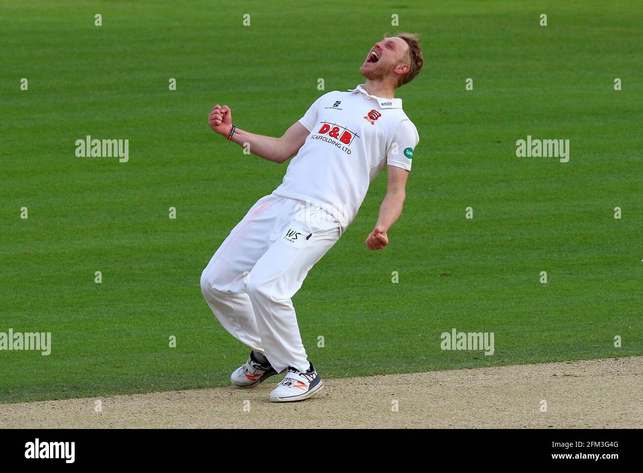 Jamie Porter of Essex celebrates taking the wicket of Ben Duckett ...