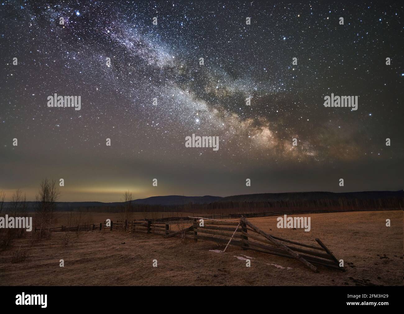 Starry milky way sky over farm field. Cosmos space nature landscape ...