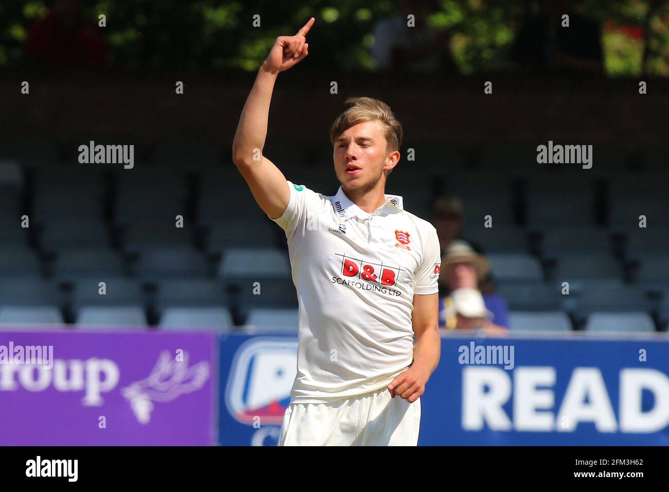 Aaron Beard of Essex celebrates taking the wicket of Dimuth Karunaratne ...