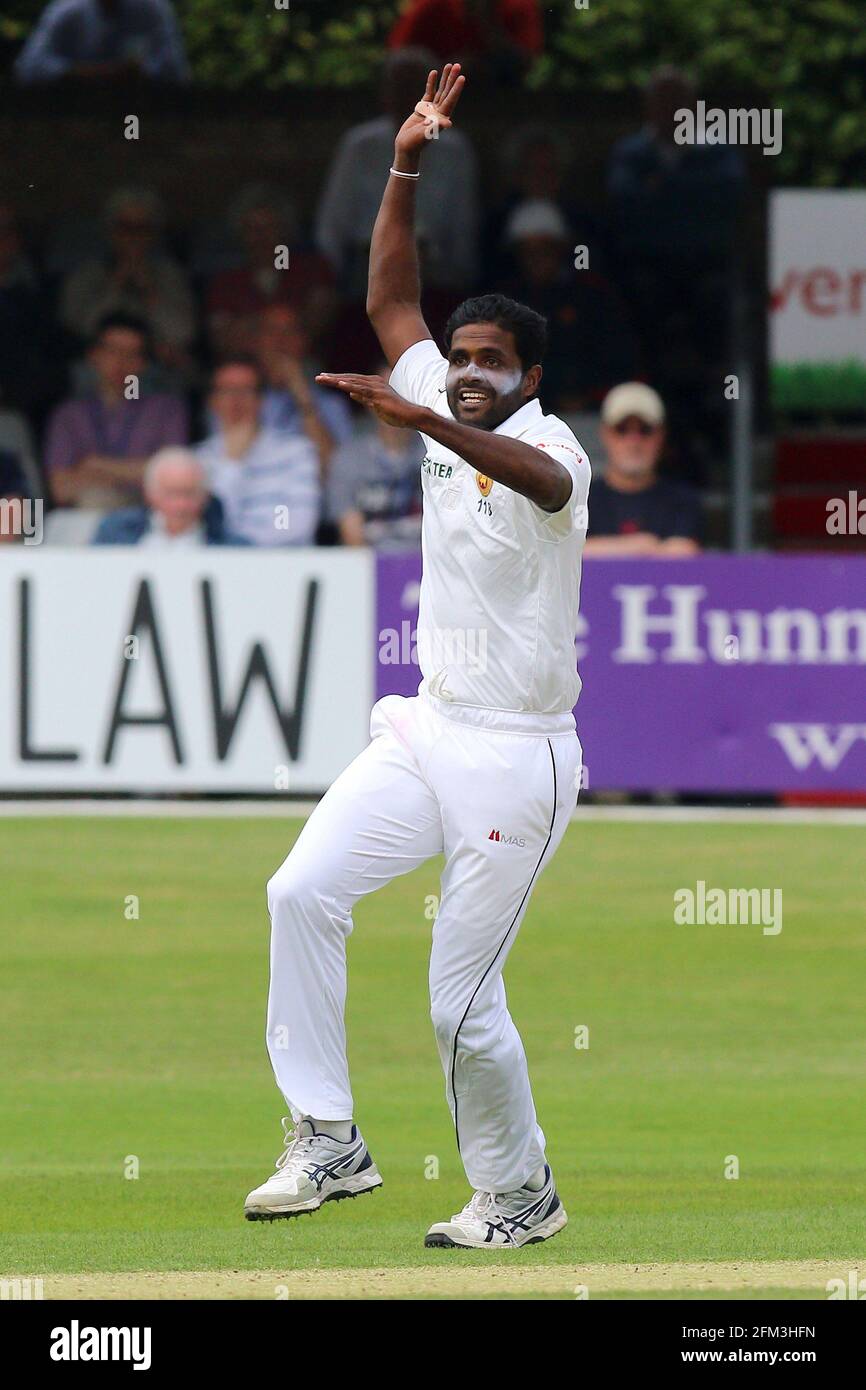 Shaminda Eranga of Sri Lanka with an appeal for a wicket during Essex ...