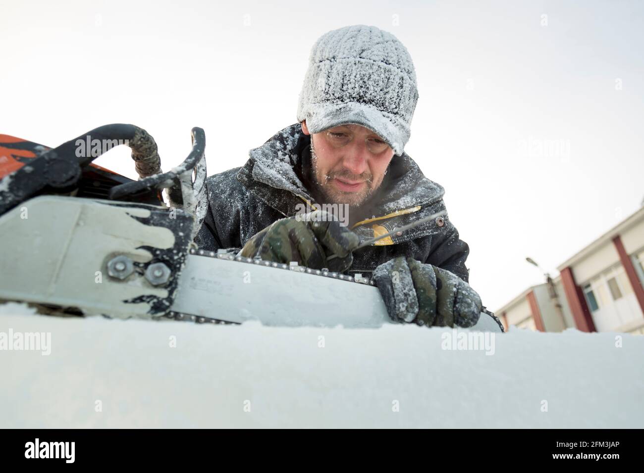 A manual file worker sharpens a chainsaw chain Stock Photo - Alamy