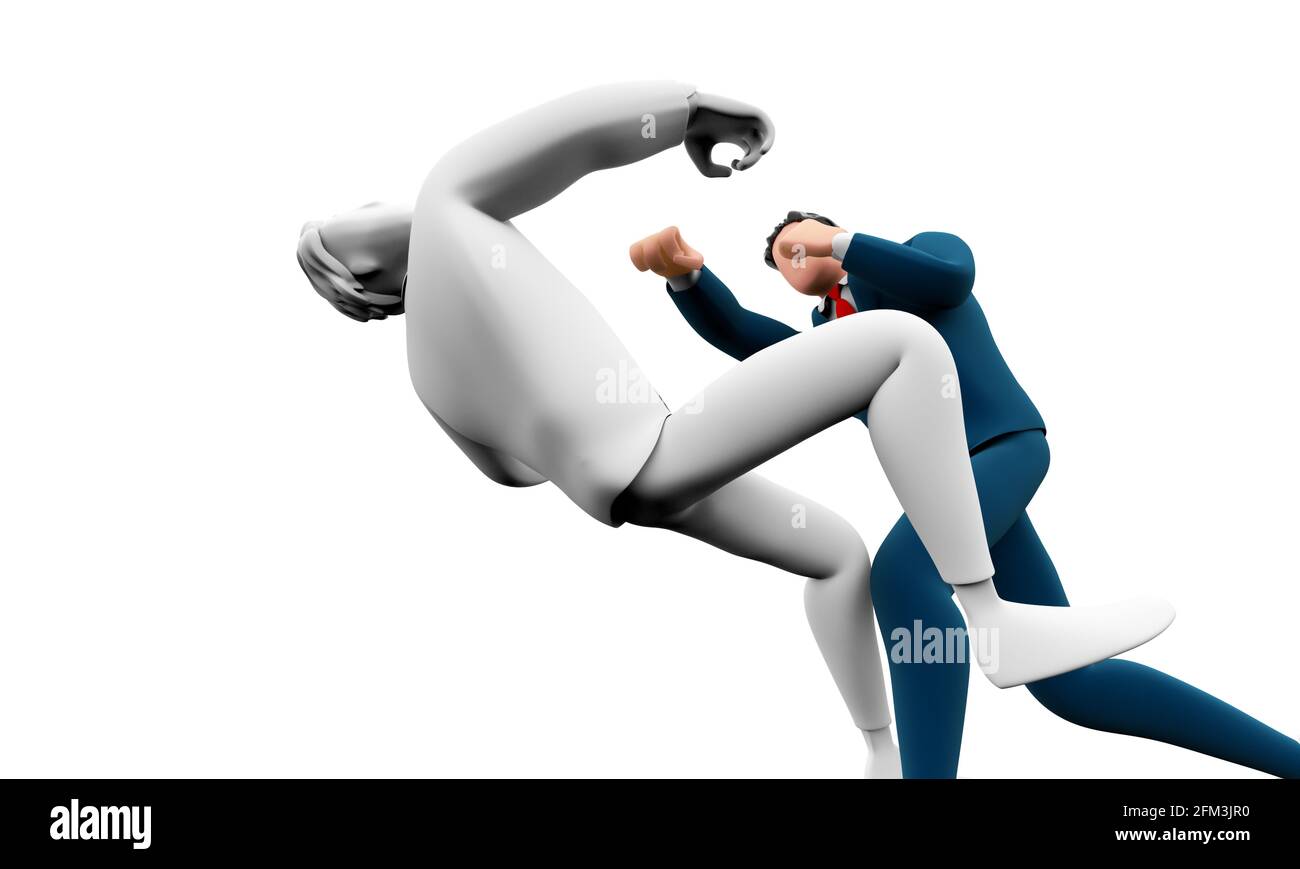 Cartoon man in suit knocking himself down to defeat self in boxing ...