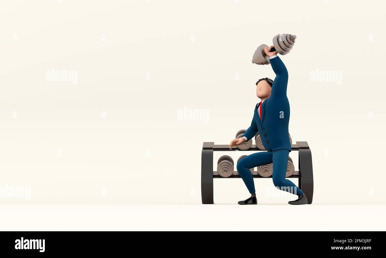 Cartoon man in suit loves fitness and lifts dumbbell with one hand 3D ...