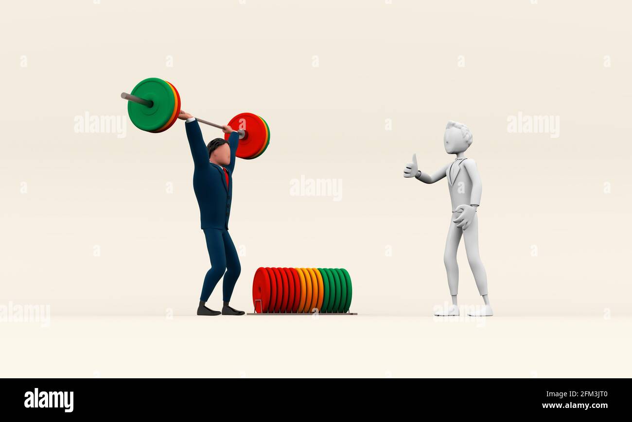 Cartoon man in suit lifting weights 3D illustration Stock Photo - Alamy