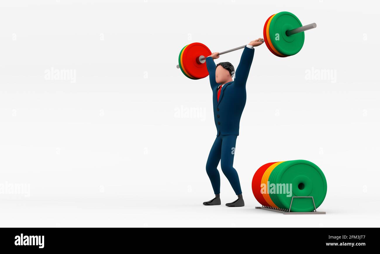 Cartoon man in suit lifting weights 3D illustration Stock Photo - Alamy