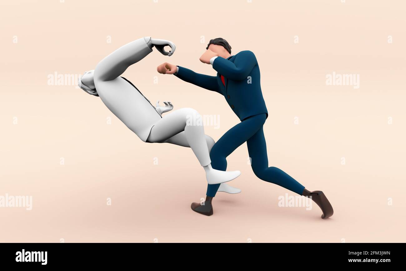 Cartoon man in suit knocking himself down to defeat self in boxing ...