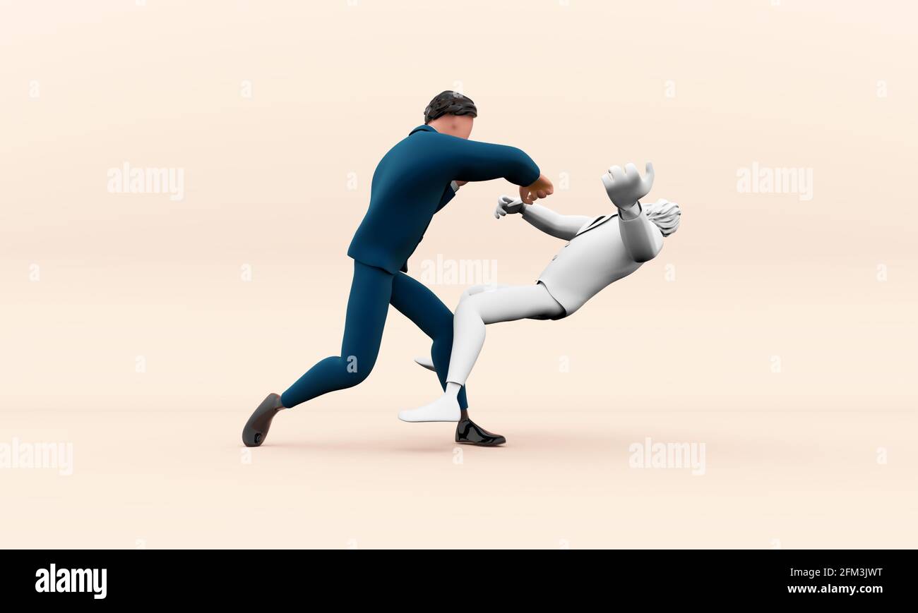 Cartoon man in suit knocking himself down to defeat self in boxing ...