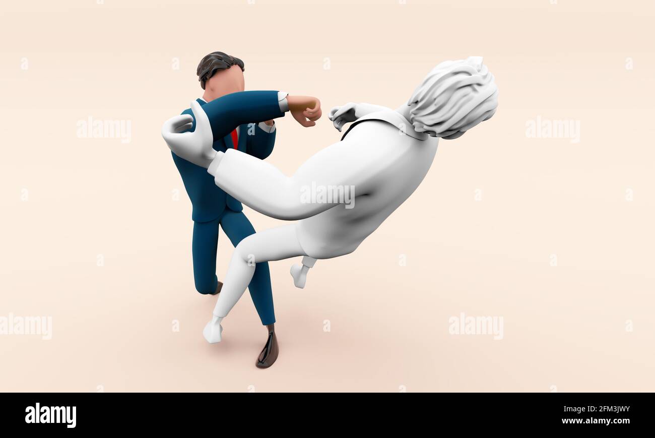 Cartoon man in suit knocking himself down to defeat self in boxing ...