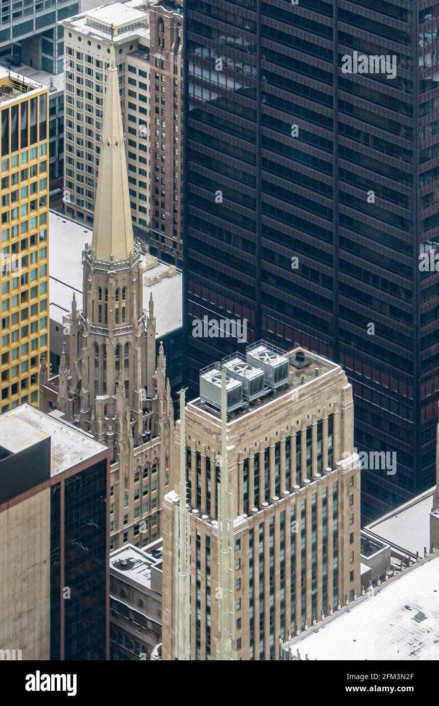 Top view at the Chicago temple and skyscrapers in downtown Chicago ...