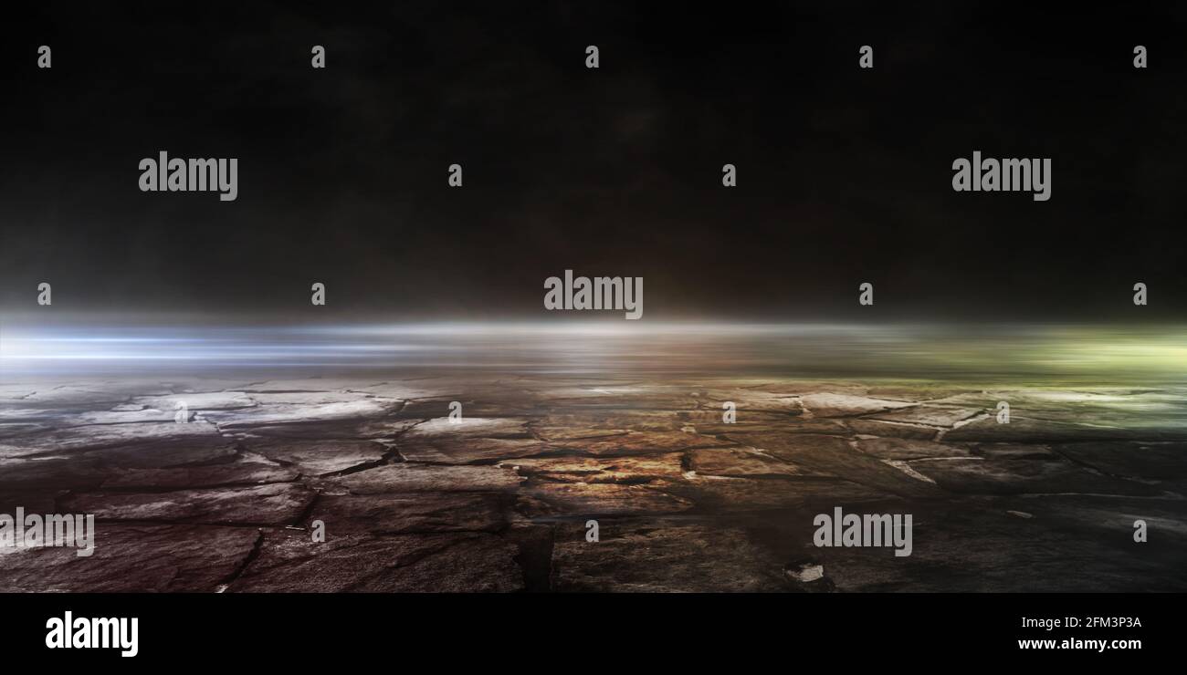 3d rendering of abstract mountain rock light in the dark empty road ...