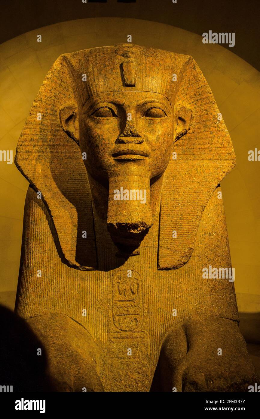 Close-up shot of the sculpture Egyptian Grand Sphinx at the Louvre ...