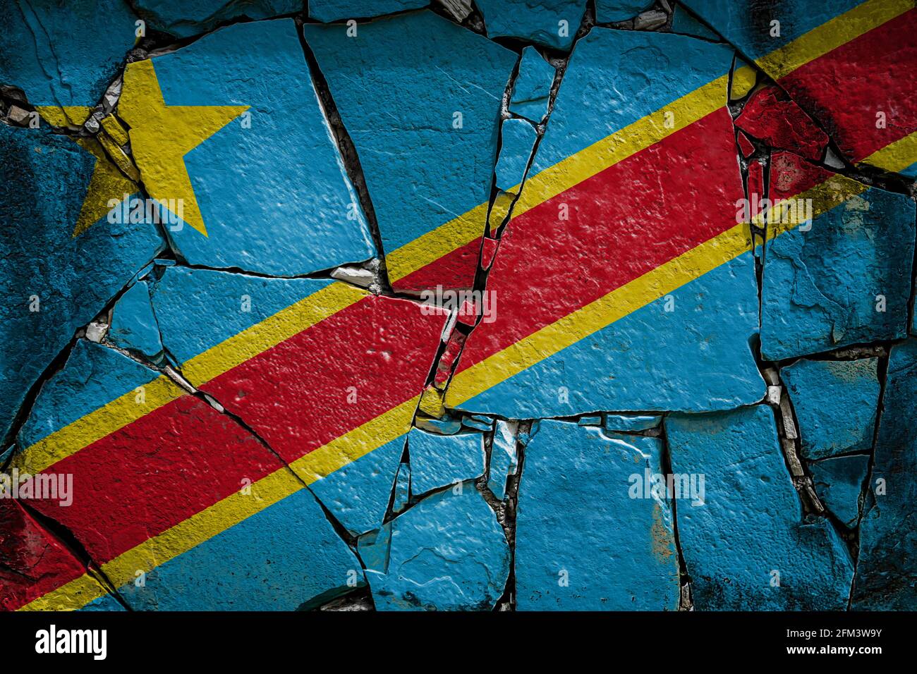 National flag of Democratic Republic of the Congo depicting in paint ...