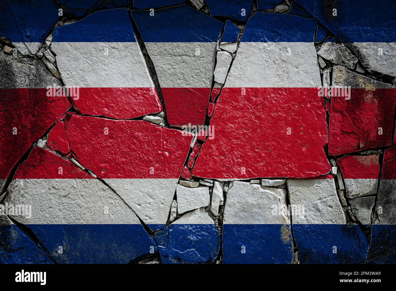 National flag of Costa Rica depicting in paint colors on an old stone ...