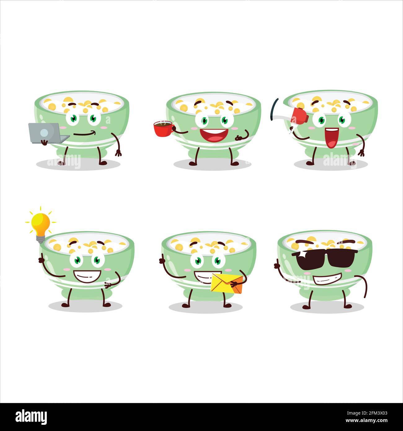 Cornflakes cartoon character with various types of business emoticons ...