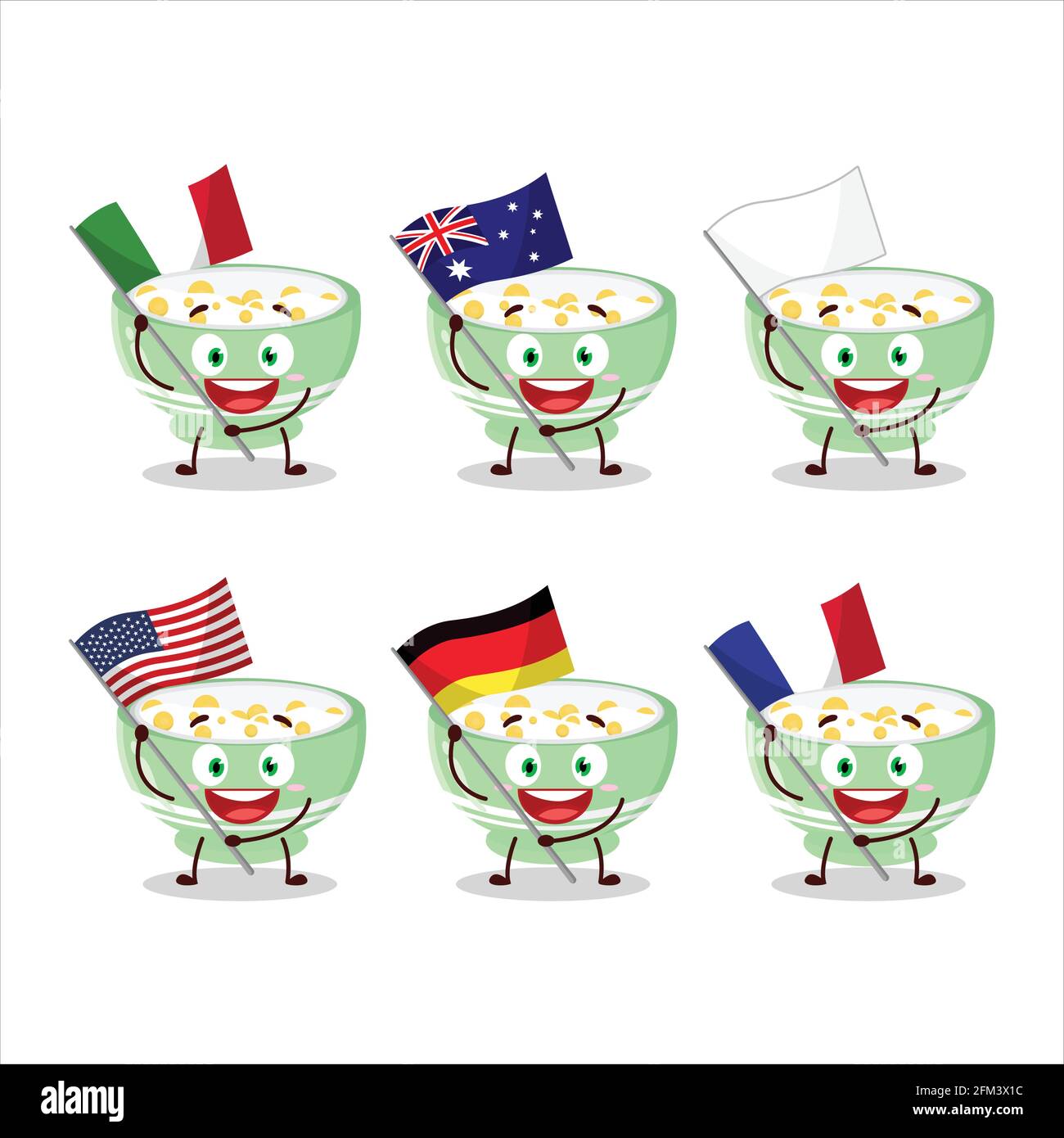 Cornflakes cartoon character bring the flags of various countries ...