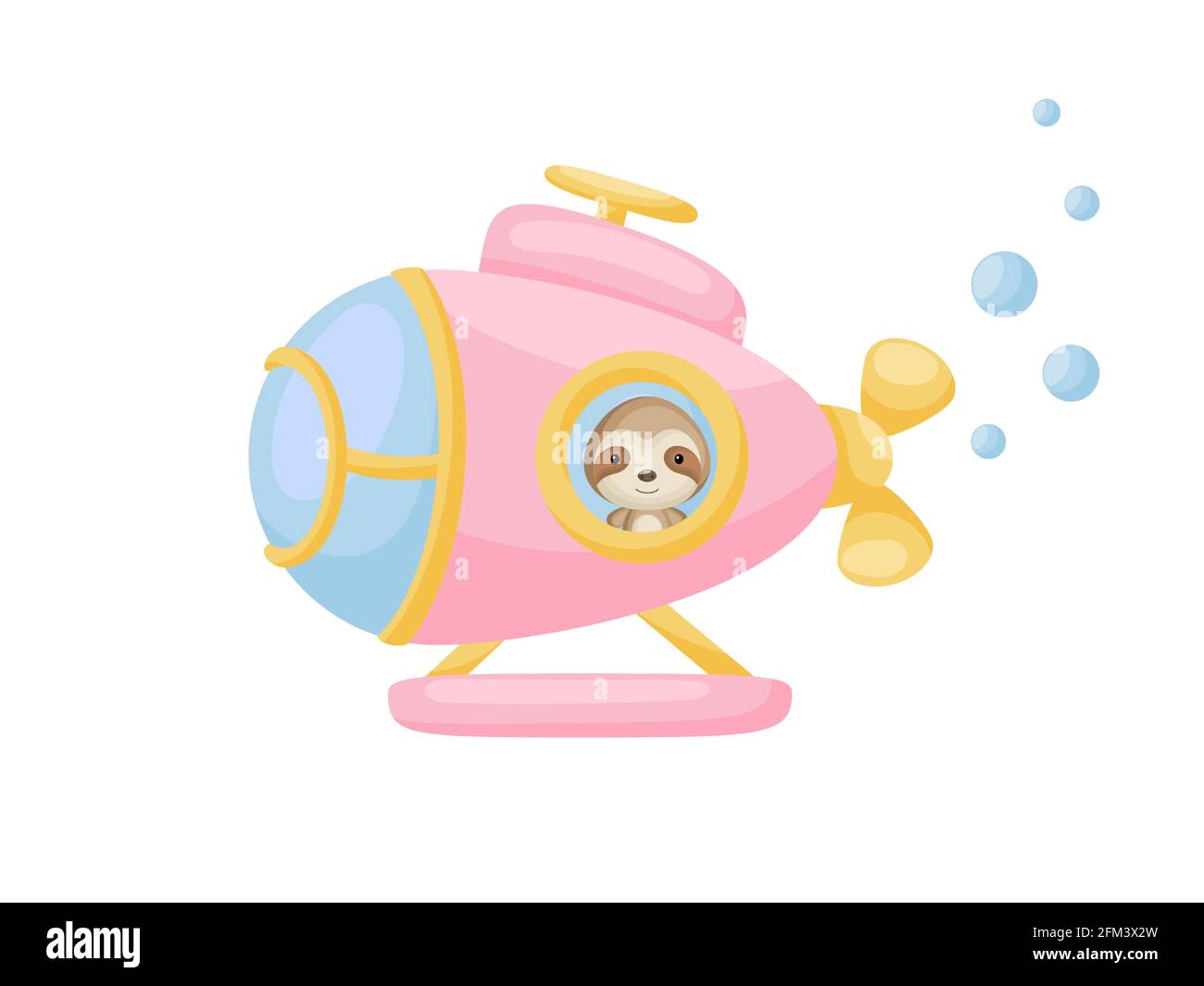 Cute little sloth sail on pink submarine. Cartoon character for ...