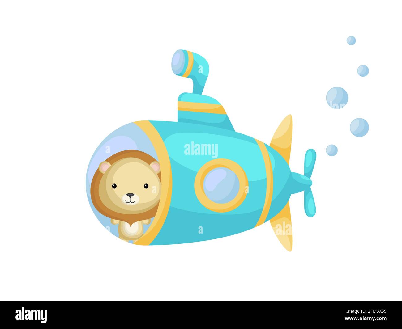 Cute little lion sail on turquoise submarine. Cartoon character for ...