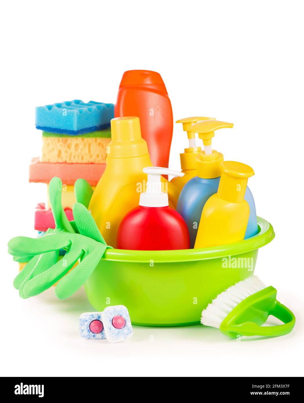 Cleaning items. Cleaning equipment rags, detergents, gloves, brushes ...