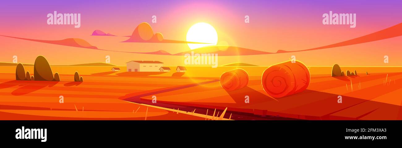 Sunset scenery rural landscape, field with hay stacks and farm ...