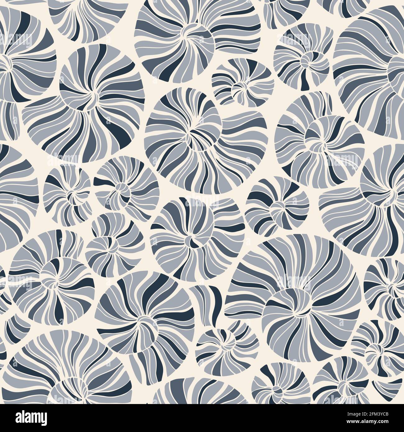 Hand-Drawn Sea Shells, Fossils Blue and Cream Vector Seamless Pattern ...