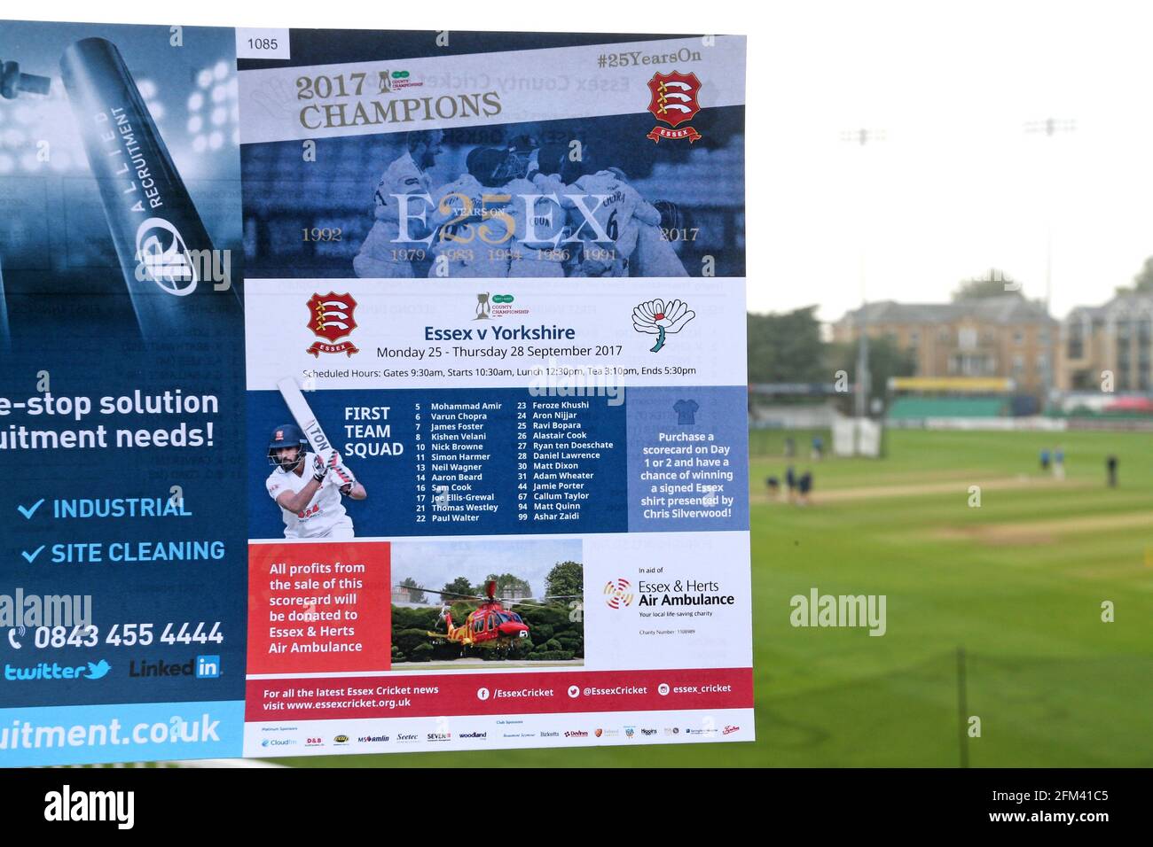 The scorecard with 2017 Champions logo during Essex CCC vs Yorkshire ...