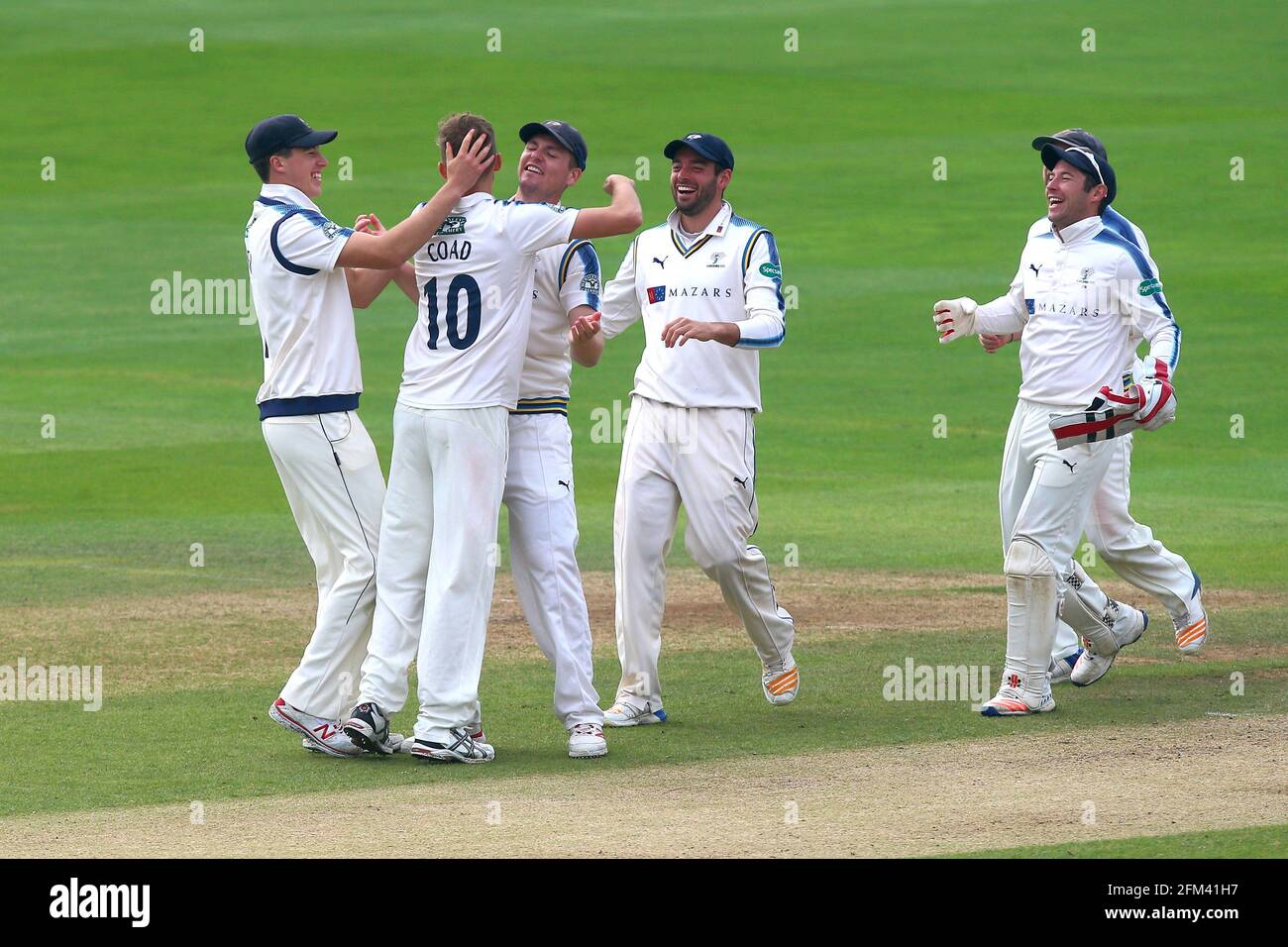 Ben Coad of Yorkshire celebrates taking the wicket of Daniel Lawrence ...