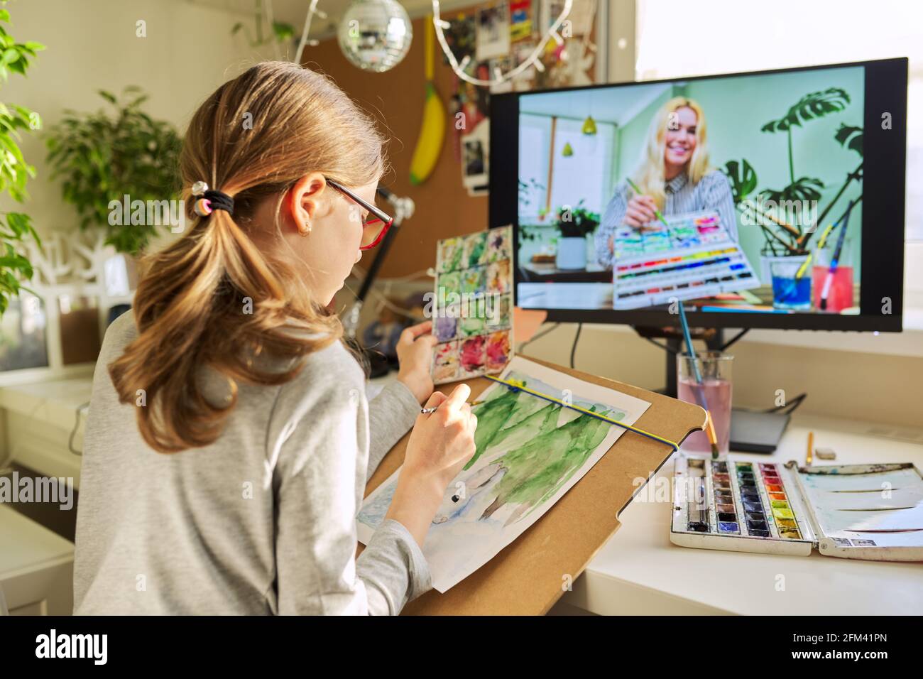 Online workshop on drawing. Girl child student painting with ...