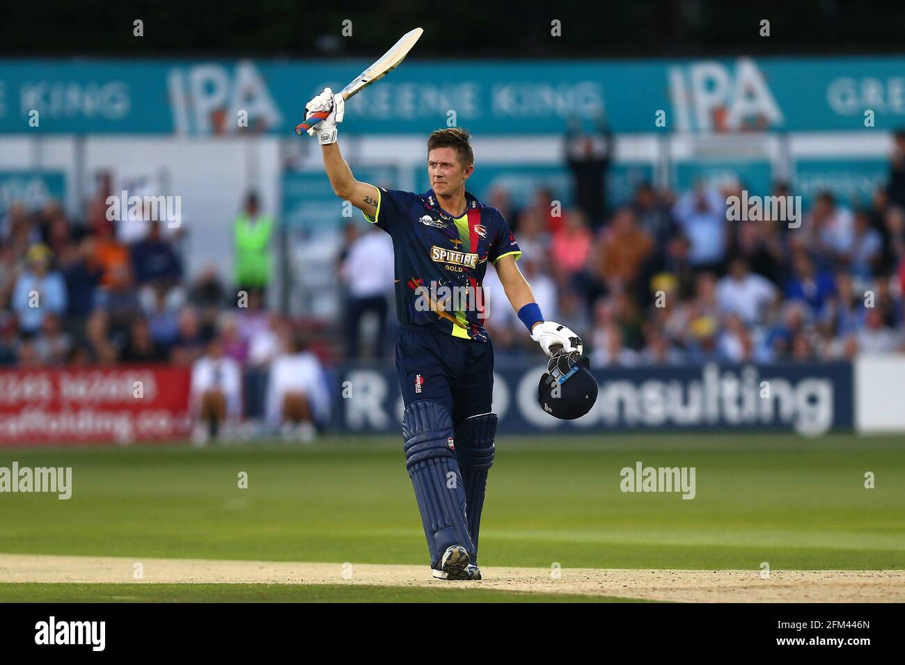 Joe Denly of Kent celebrates scoring a century, 100 runs during Essex ...