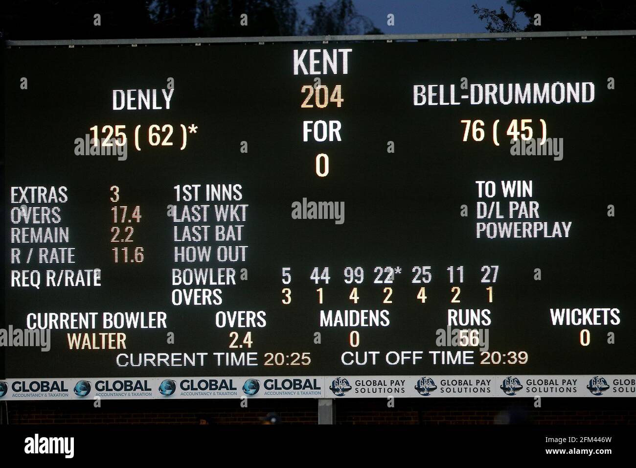 The scoreboard shows that Joe Denly and Daniel Bell-Drummond of Kent ... The scoreboard shows that Joe Denly and Daniel Bell-Drummond of Kent ...