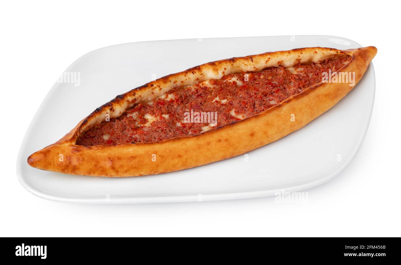 Turkish boat-shaped flatbread pide isolated on white Stock Photo - Alamy