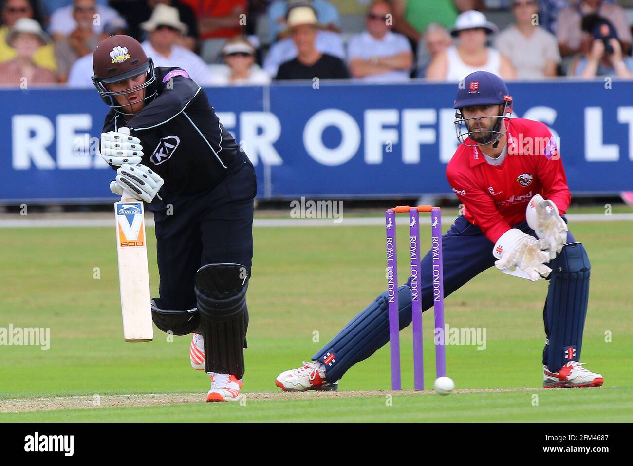 Jason Roy in batting action for Essex as James Foster looks on from ...