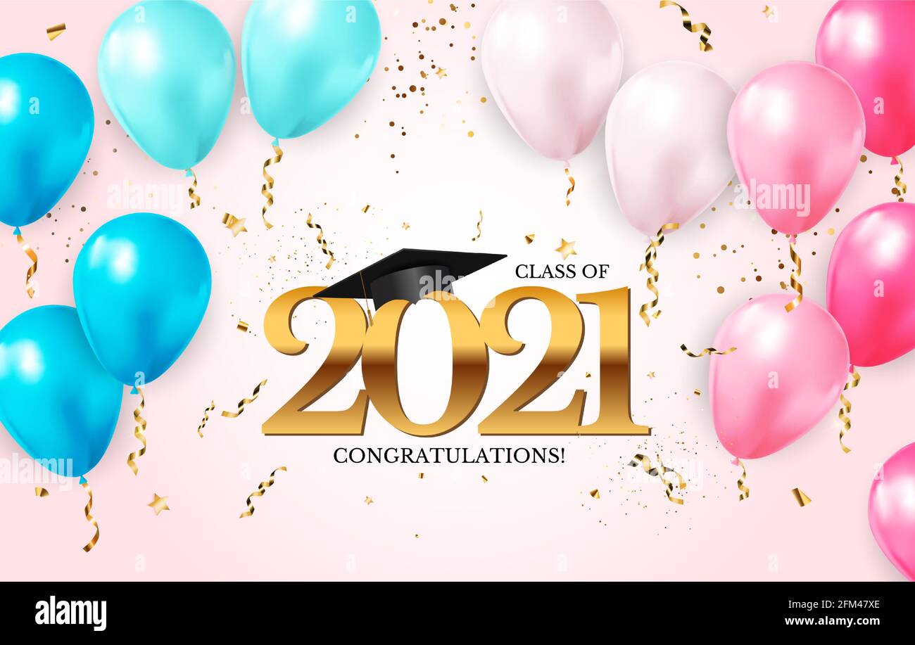 Graduation class of 2021 with graduation cap hat and confetti. Vector ...