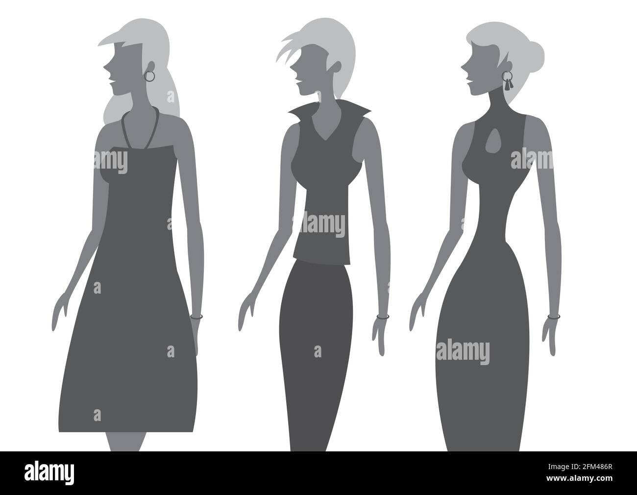 Three women in side view wearing feminine sleeveless dress outfits ...