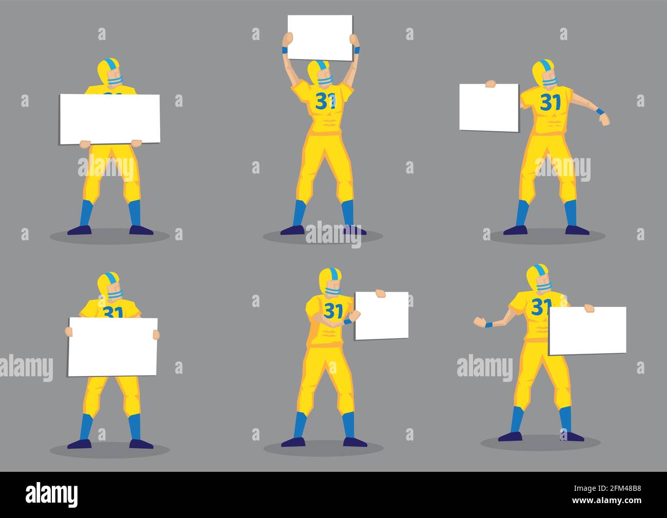 Set of six cartoon character of American football player holding blank ...