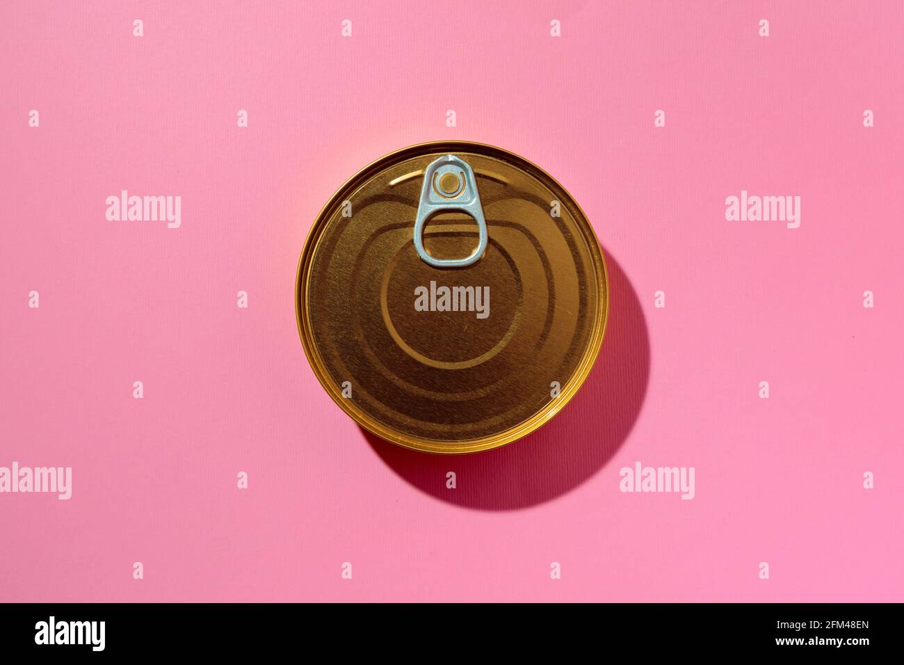 Canned food tin on pink studio background Stock Photo - Alamy
