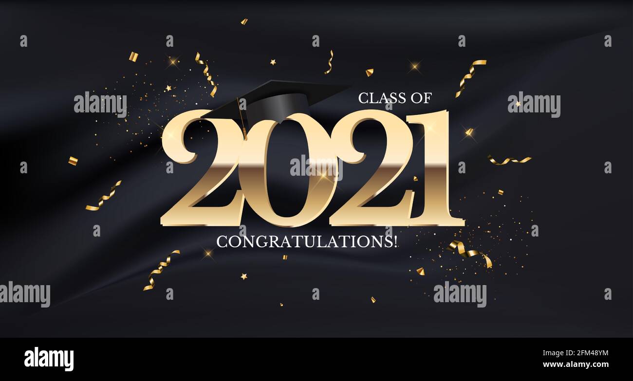 Graduation class of 2021 with graduation cap hat and confetti. Vector ...