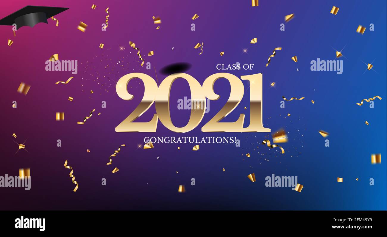 Graduation class of 2021 with graduation cap hat and confetti. Vector ...
