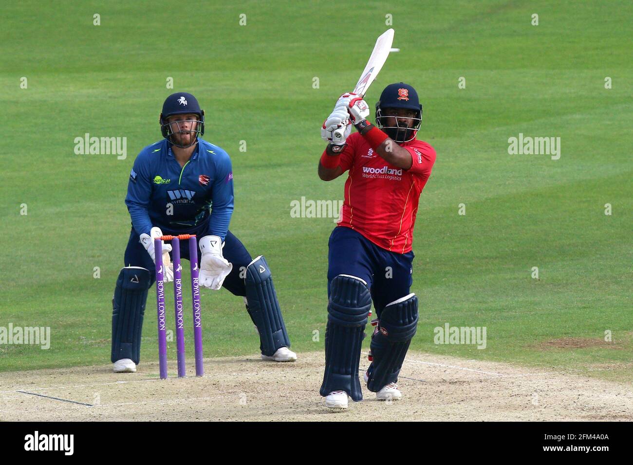 Ashar Zaidi of Essex in batting action as Adam Rouse looks on from ...