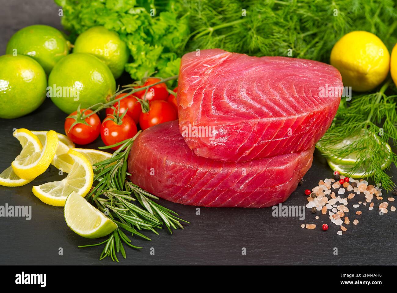 Tuna raw Steak, tuna sashimi, tuna fish sliced with vegetables. healthy ...