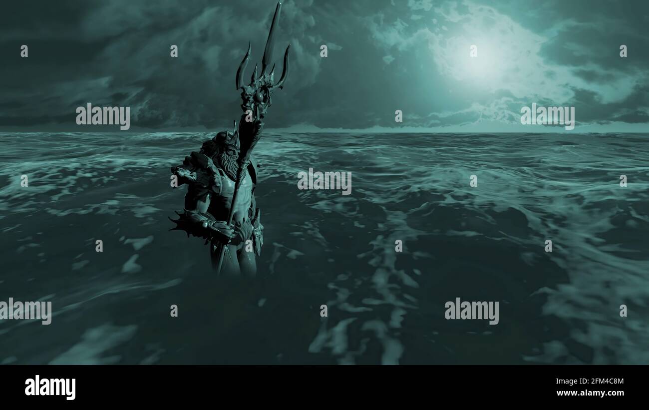 3D illustration of Neptune (Poseidon) on the green screen in the see ...