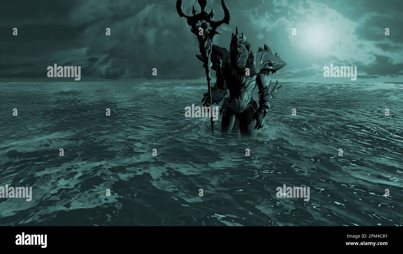 3D illustration of Neptune (Poseidon) on the green screen in the see ...