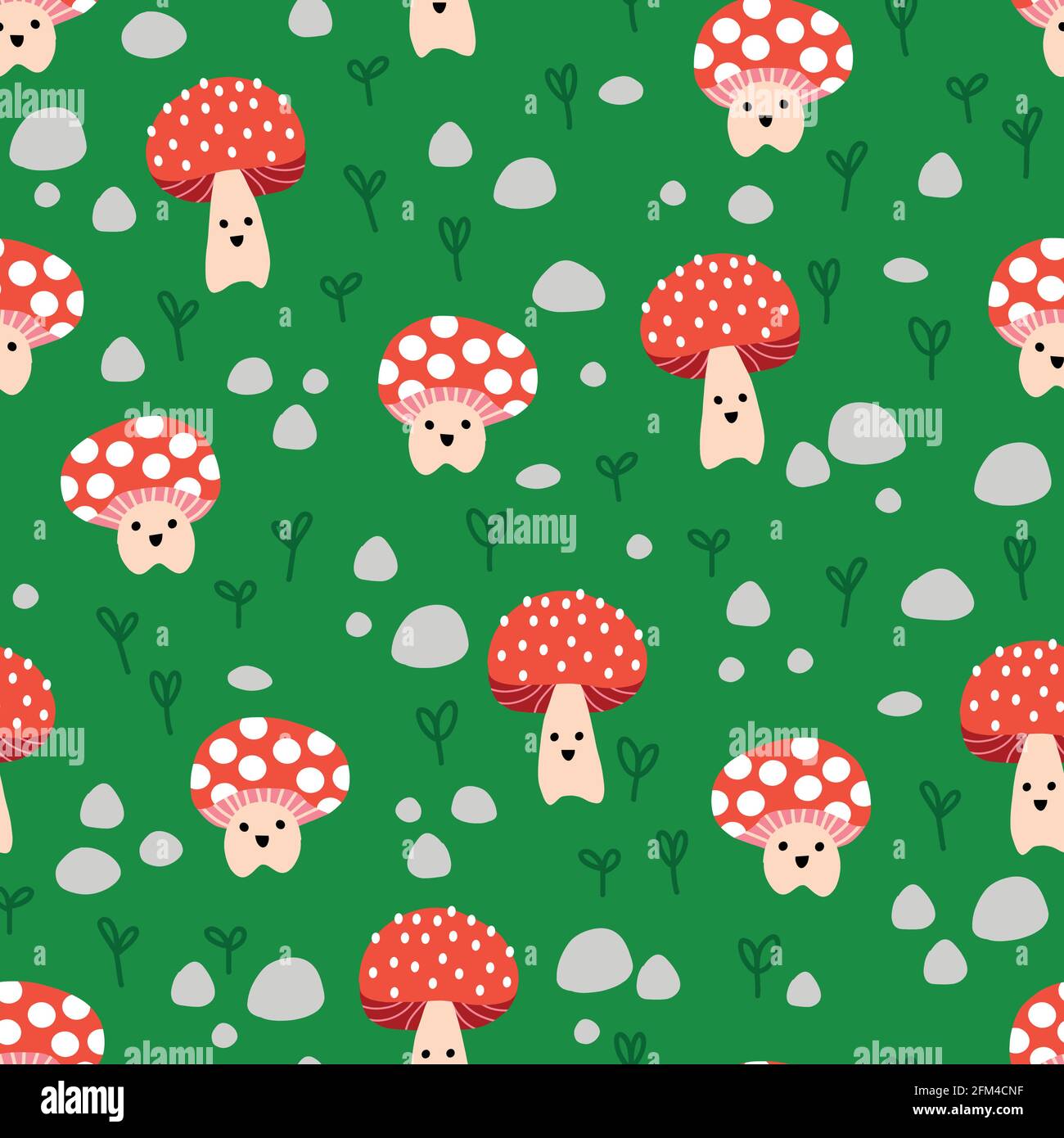 Seamless vector repeat kids pattern cute toadstools. Cute background mushroom fungi with smiling ...