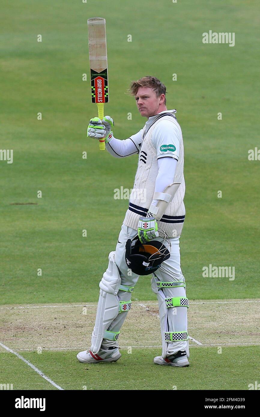Sam Robson of Middlesex celebrates scoring a century, 100 runs during ...