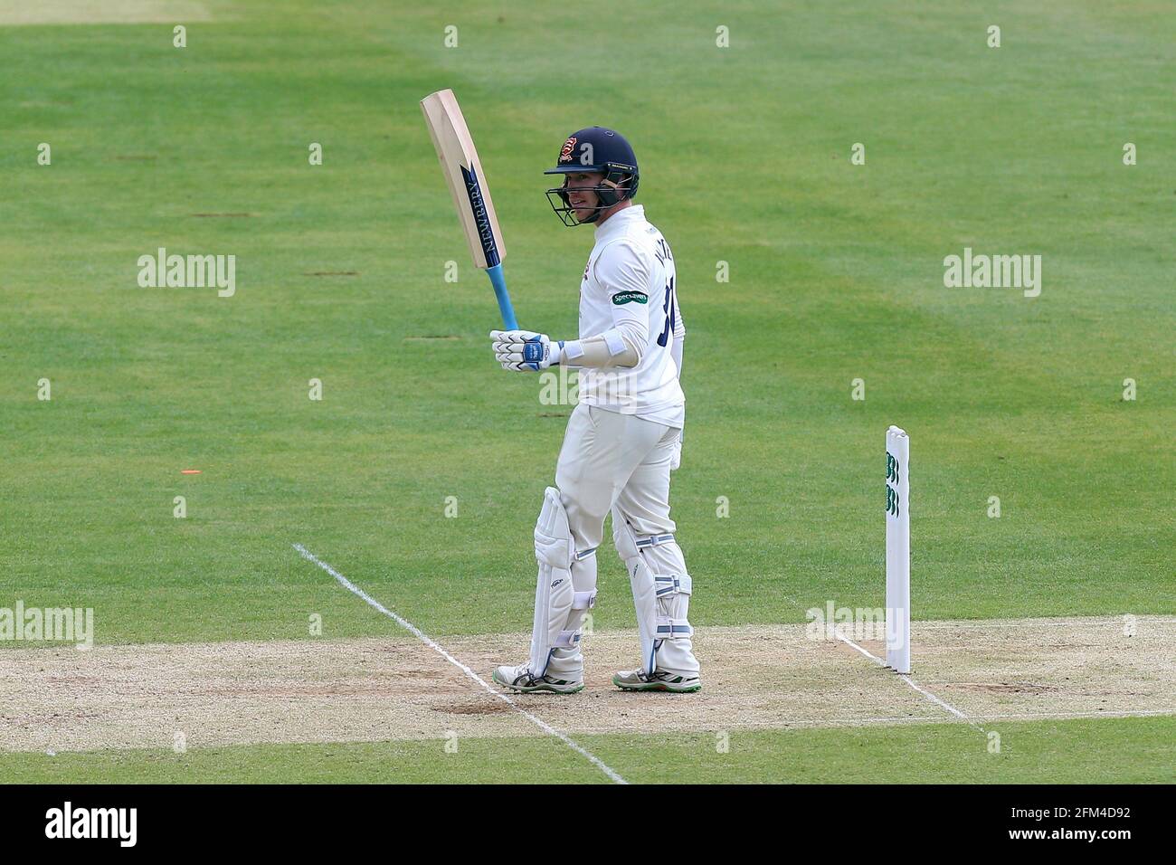Adam Wheater of Essex celebrates scoring a half-century, 50 runs during ...