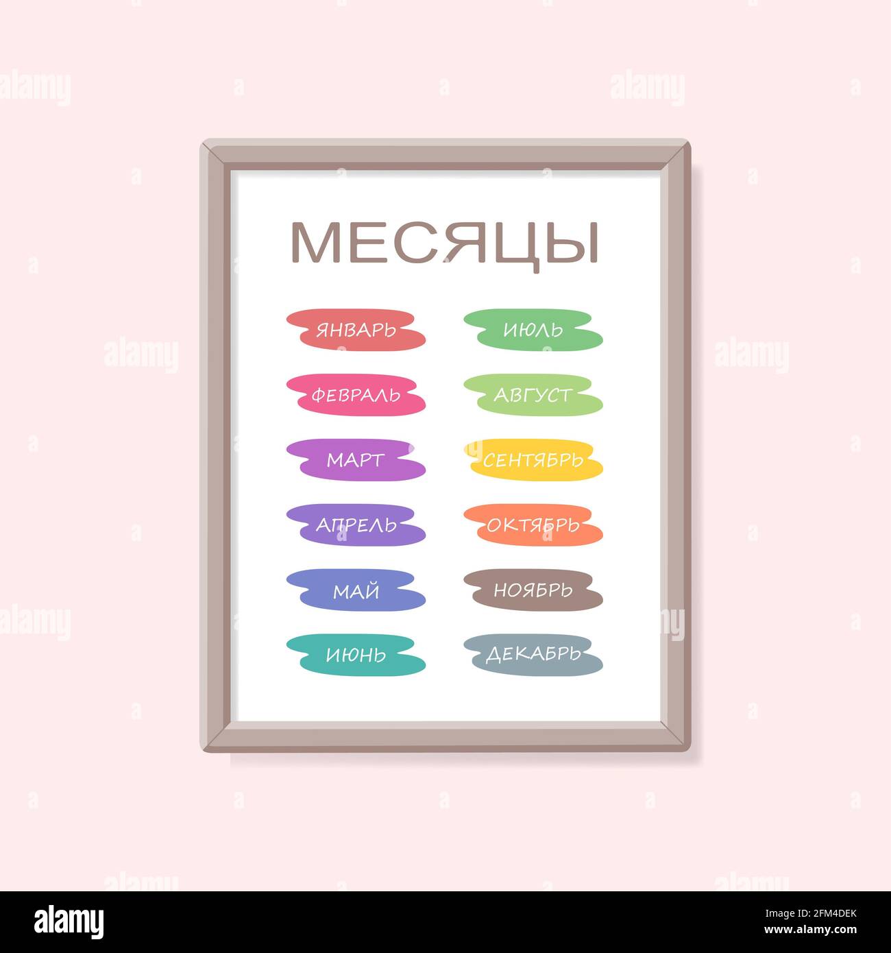 Educational poster of names of months in Russian in frame. Cartoon flat ...
