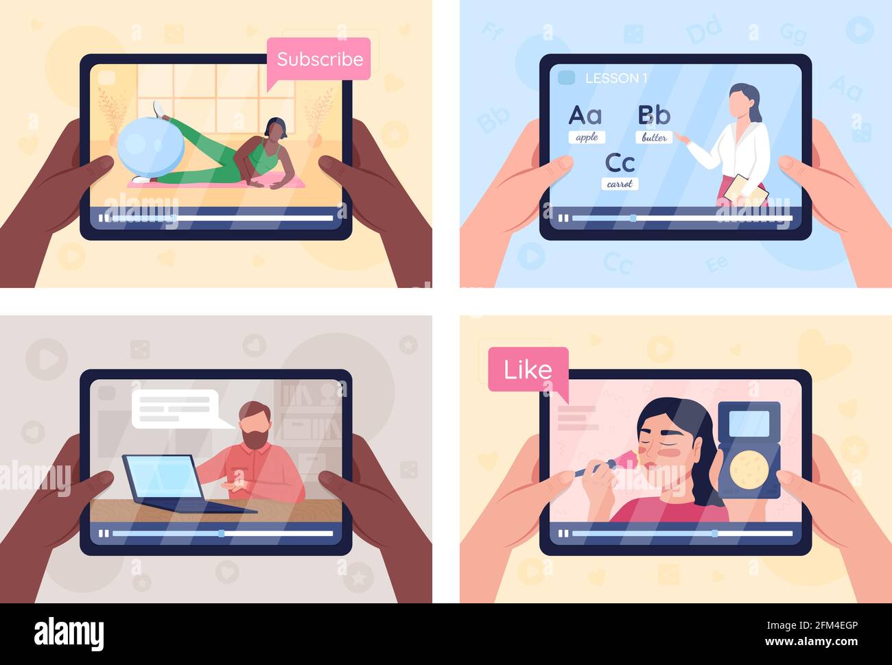 Online tutorials on tablet screen flat color vector illustration set ...