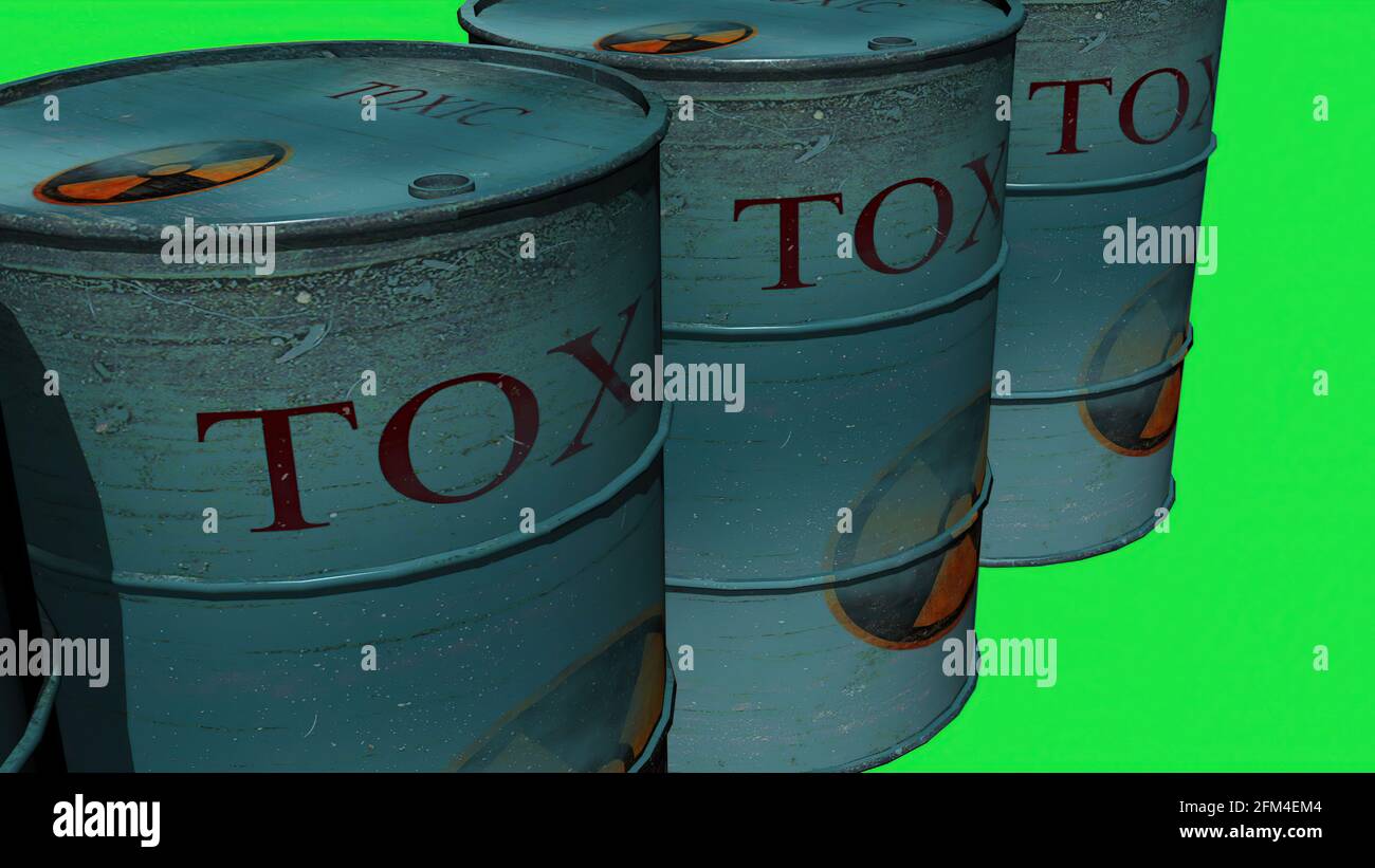 3D illustration of metal barrels full with biological materials that ...