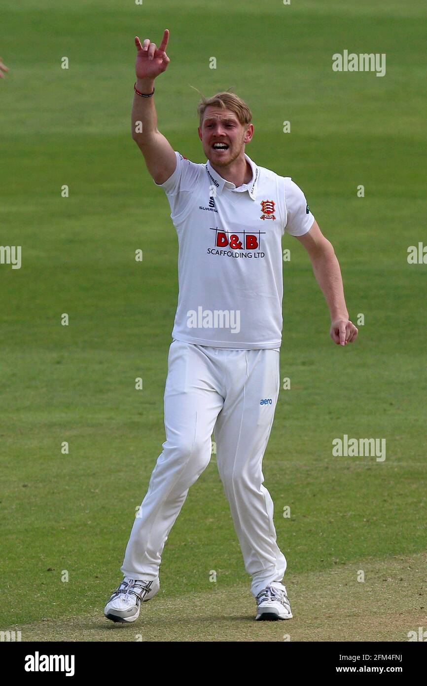Jamie Porter of Essex claims the wicket of Tom Abell during Somerset ...