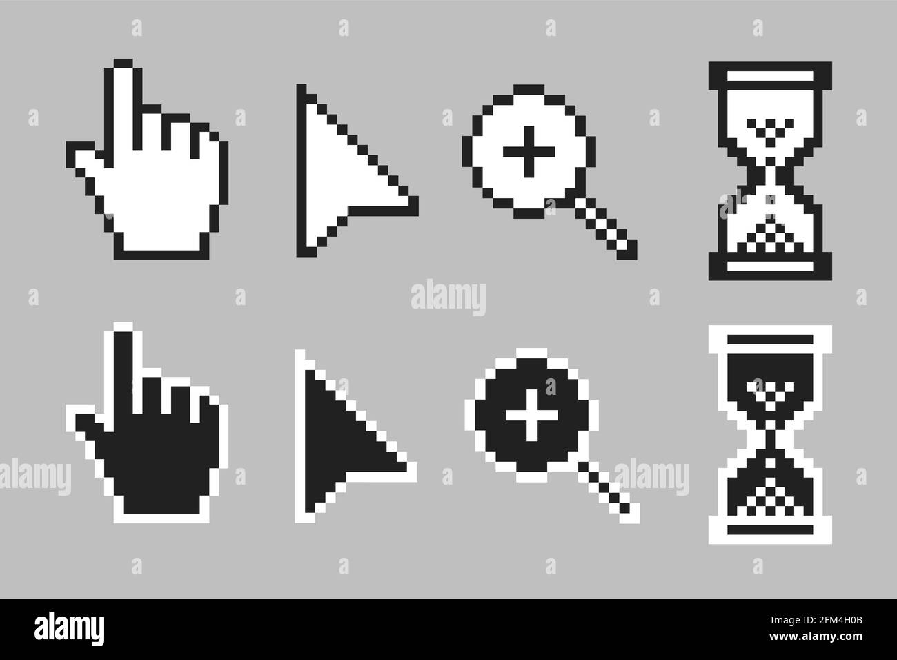 Black and white arrow, hand, magnifier and hourglass pixel mouse cursor ...