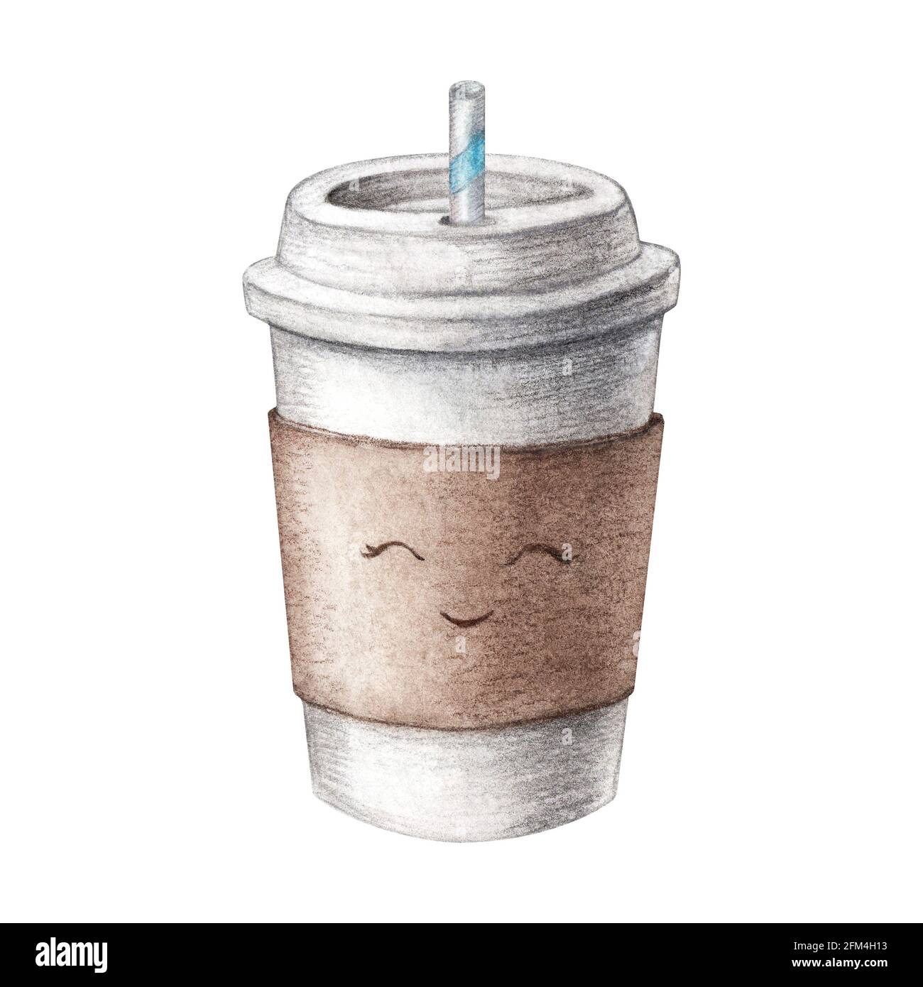 Hand drawn watercolor cardboard paper cute coffee cup with a tubule ...